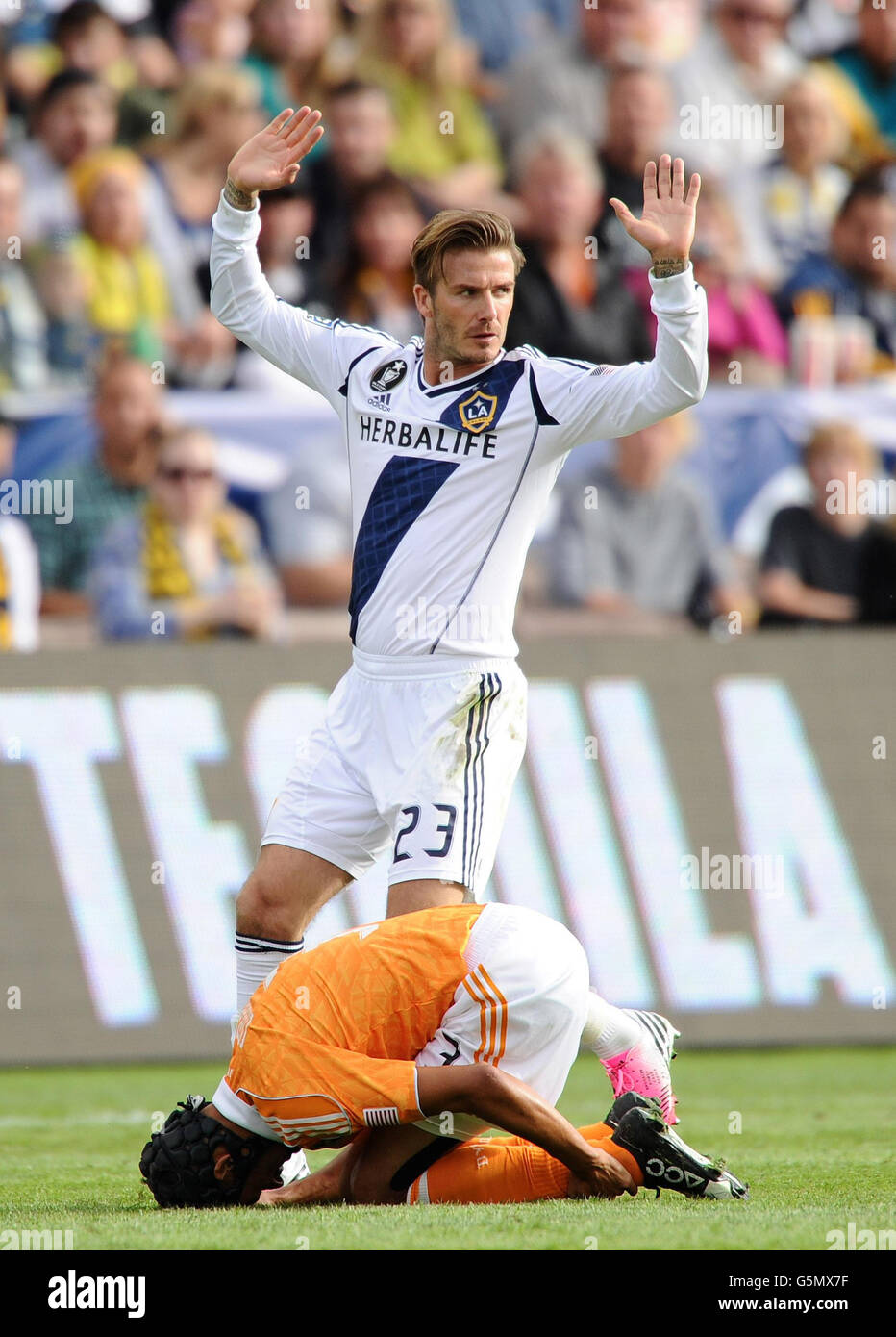 LA Galaxy's David Beckham (top) reacts during the MLS Cup Final at the ...