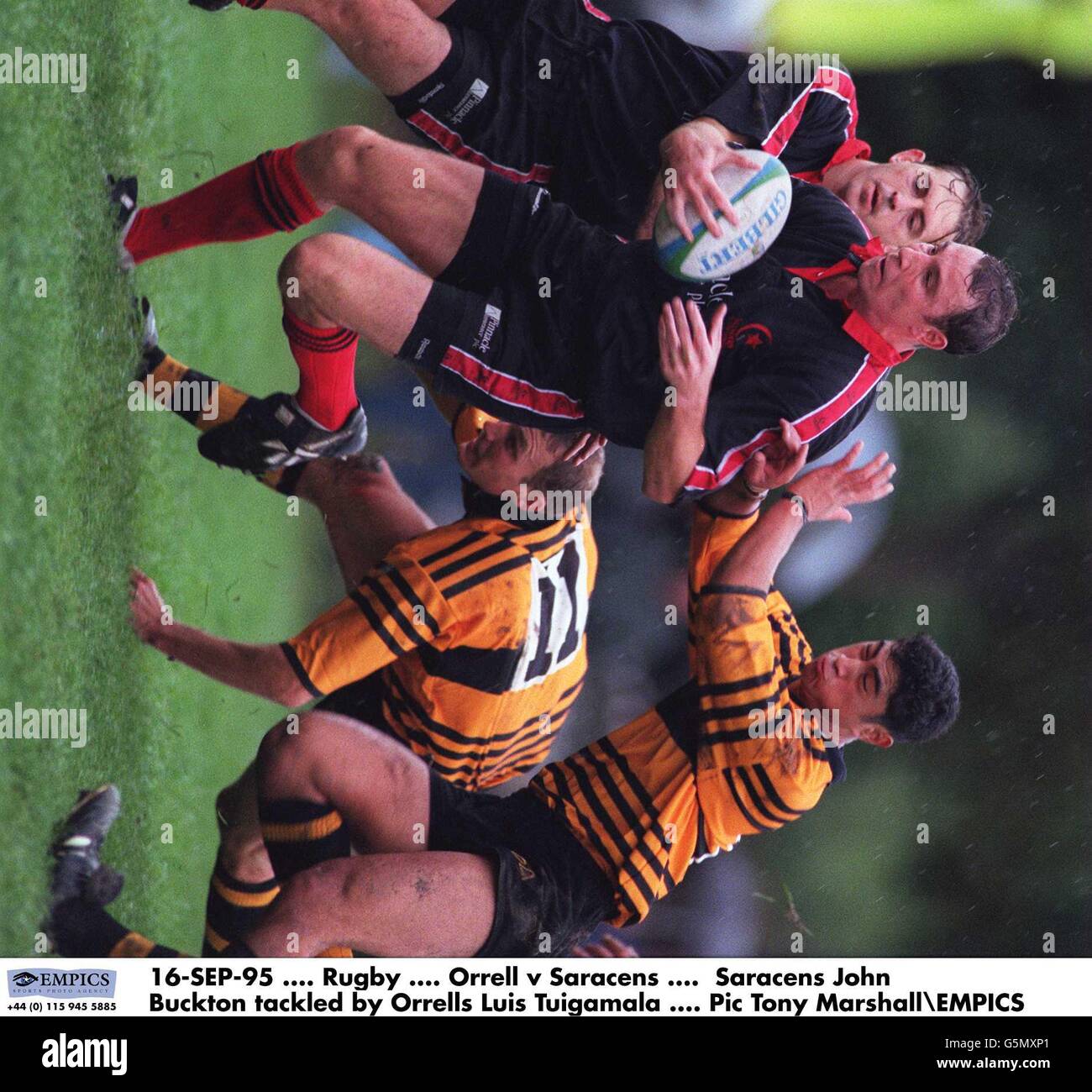 16-SEP-95, Rugby, Orrell v Saracens, Saracens John Buckton tackled by ...