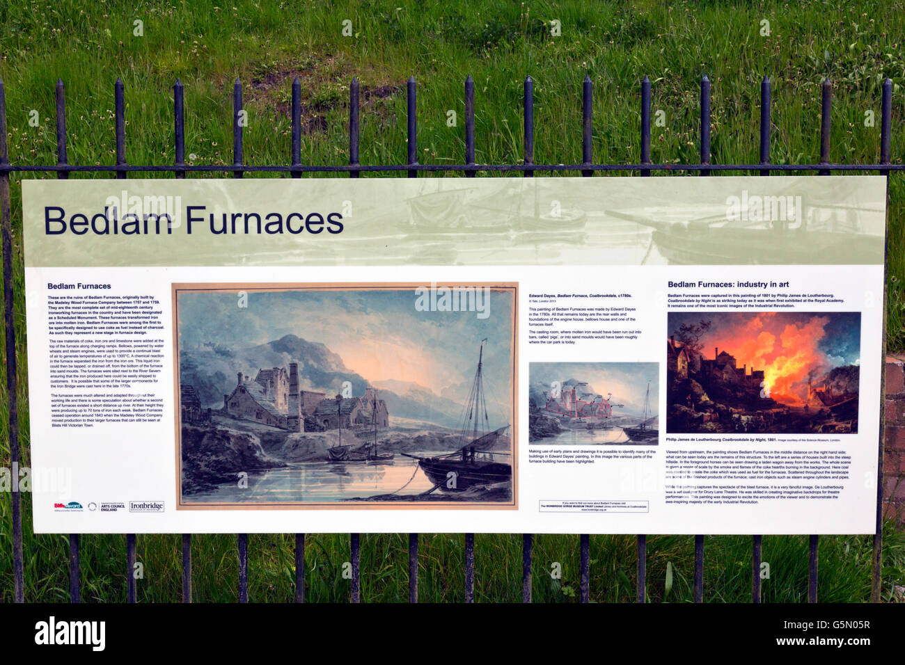 The information board at the preserved Bedlam Furnaces in Ironbridge ...