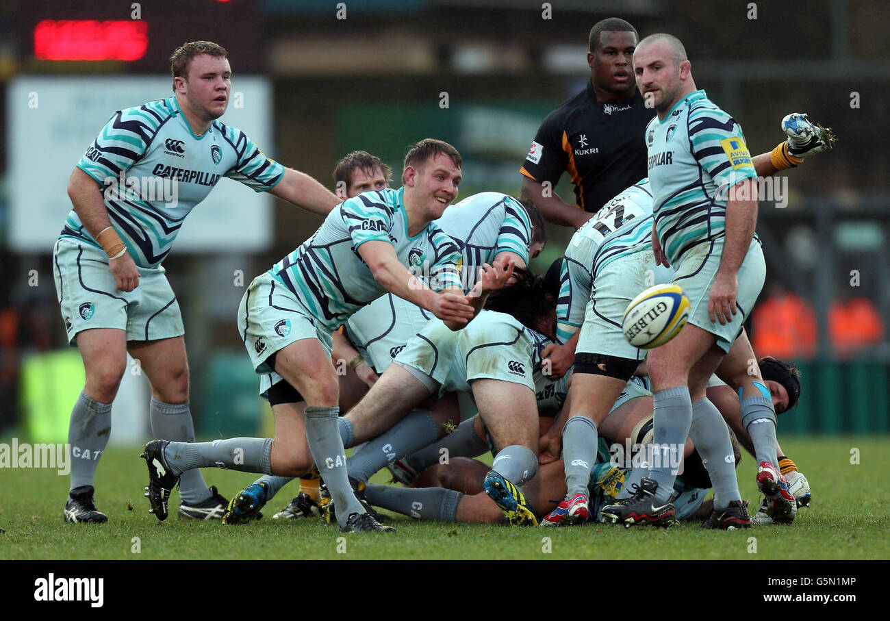 Leicester's Sam Harrison gets his pass away during the Aviva ...
