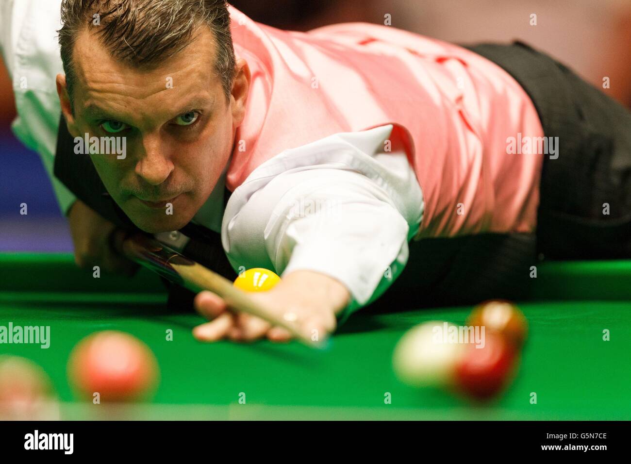 Mark Davis in action during his match against John Higgins during the ...