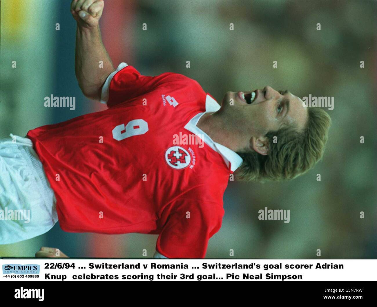 22/6/94. Switzerland v Romania. Switzerland's goal scorer Adrian Knup ...