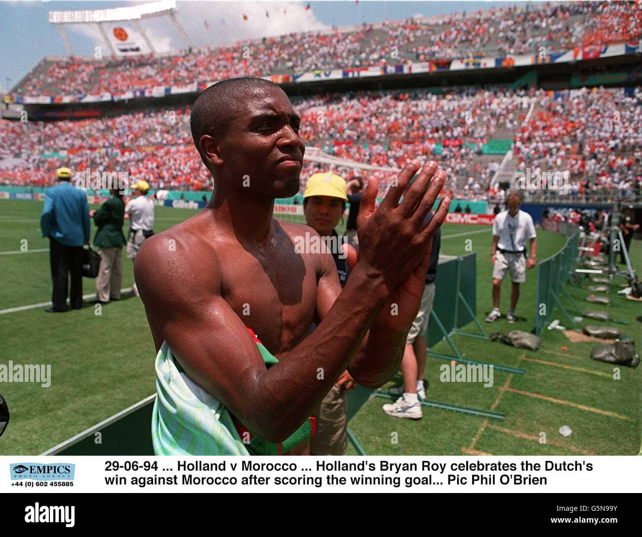 Holland's Bryan Roy celebrates the Holland's win against Morocco after ...