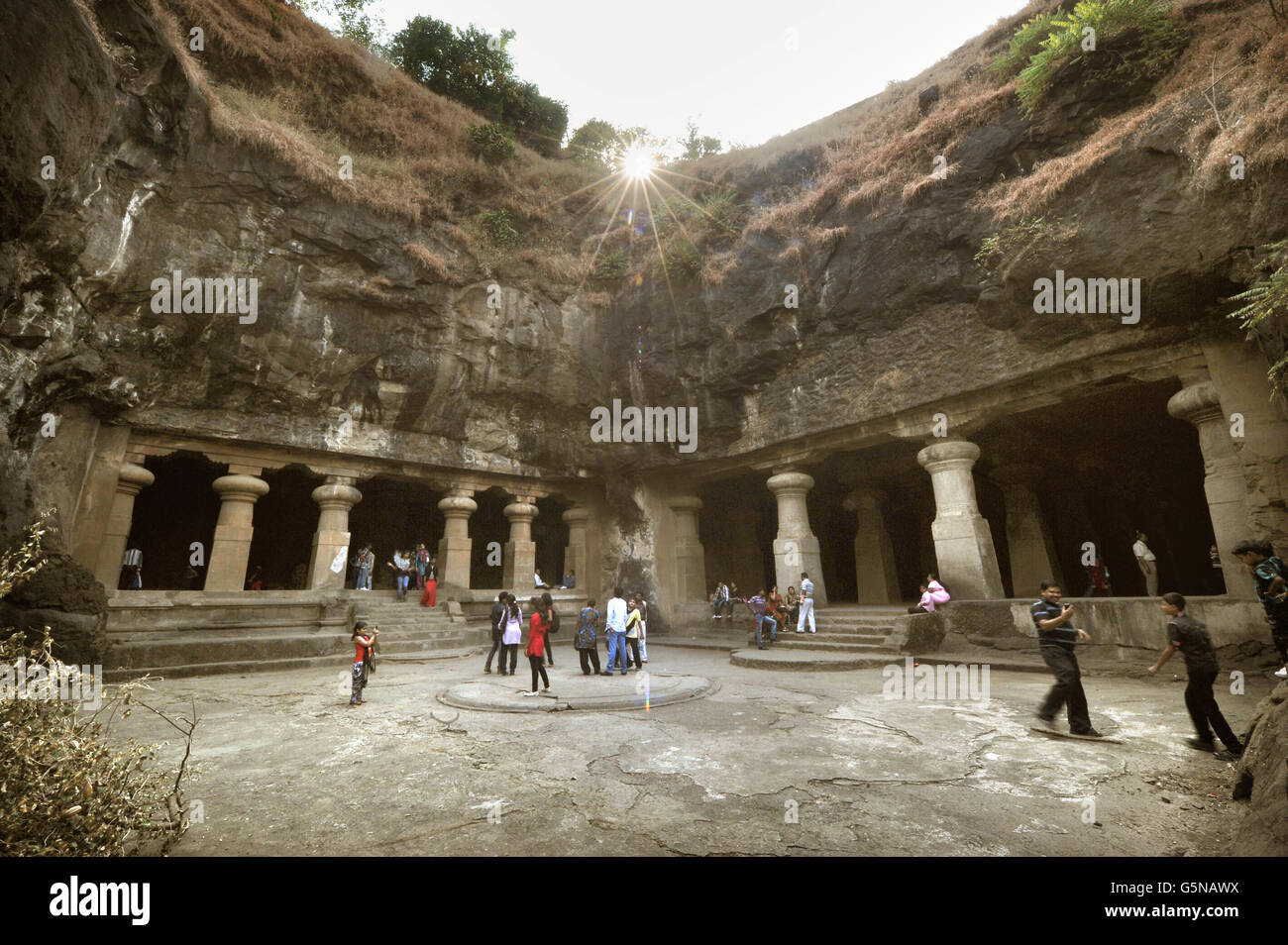 General view of the Elephanta caves on Elephanta Island off the coast ...