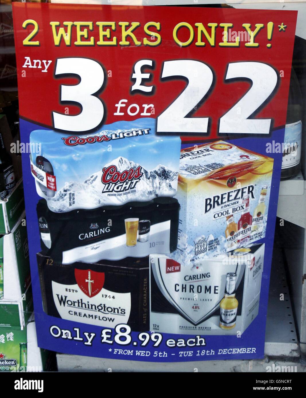 General view of Alcohol posters in a Booze Buster shop window Stock ...