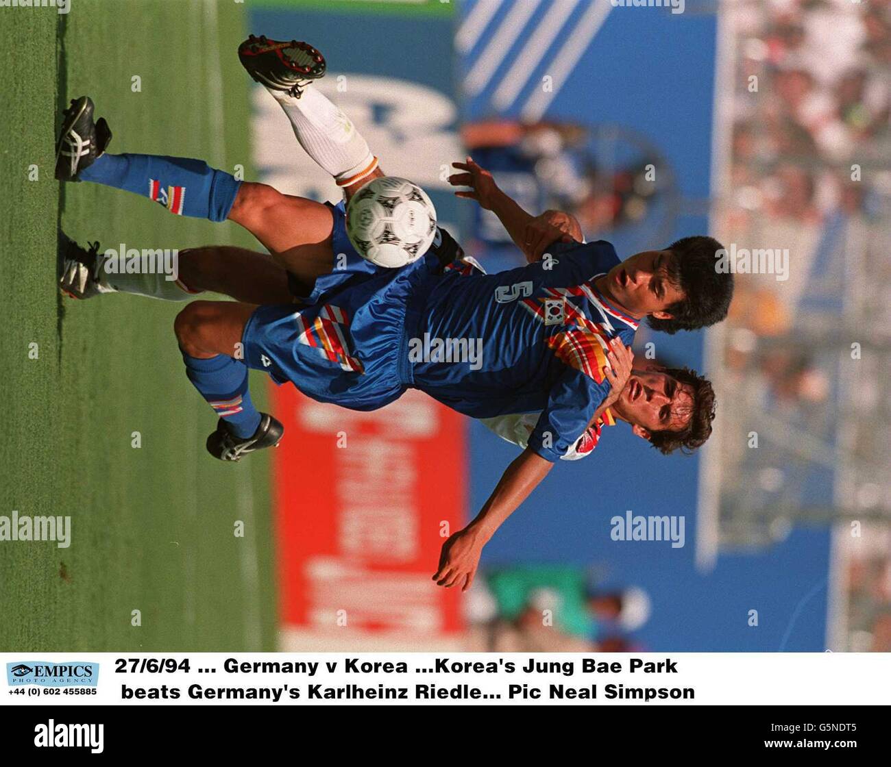 27/6/94 ... Germany v Korea ...Korea's Jung Bae Park beats Germany's ...