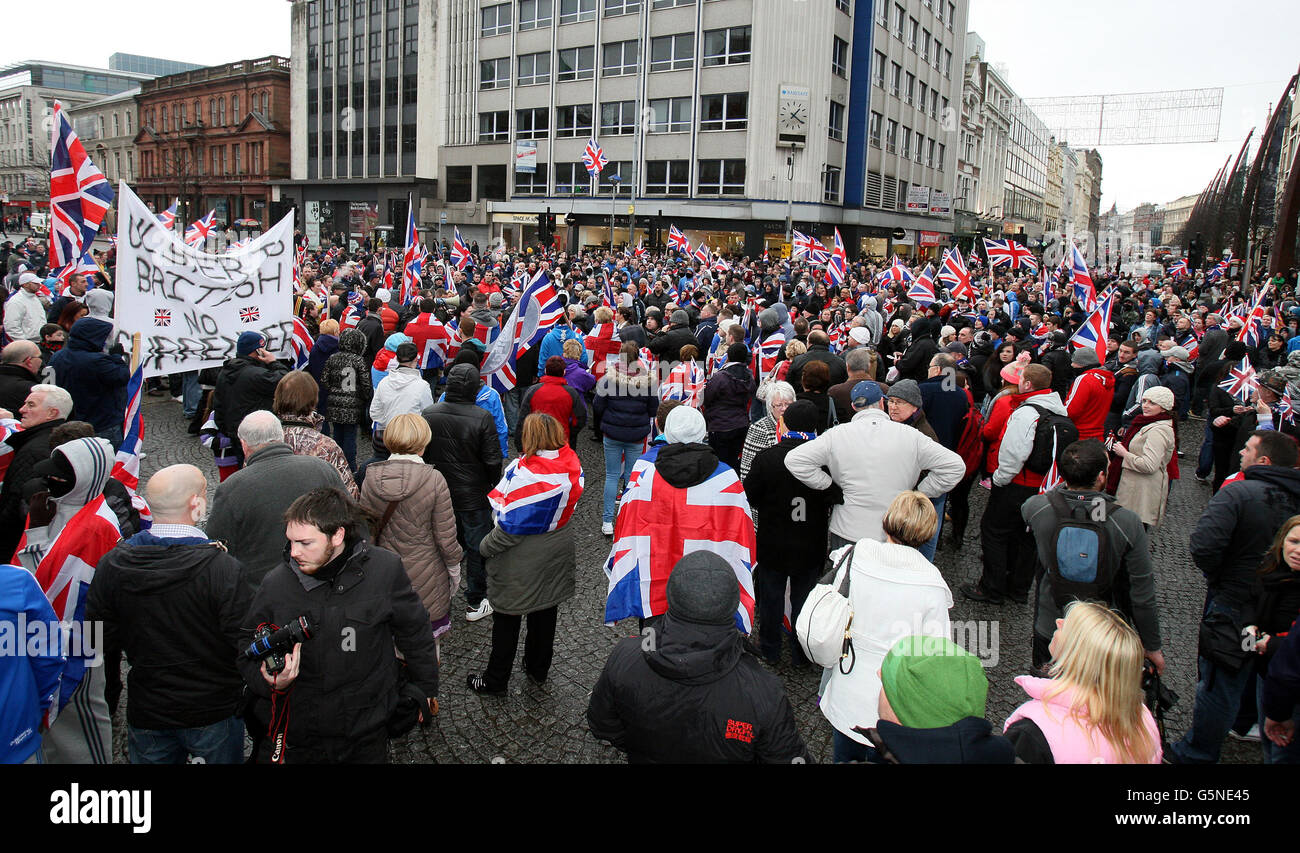 Loyalists protesters in Belfast city centre for a protest against new ...