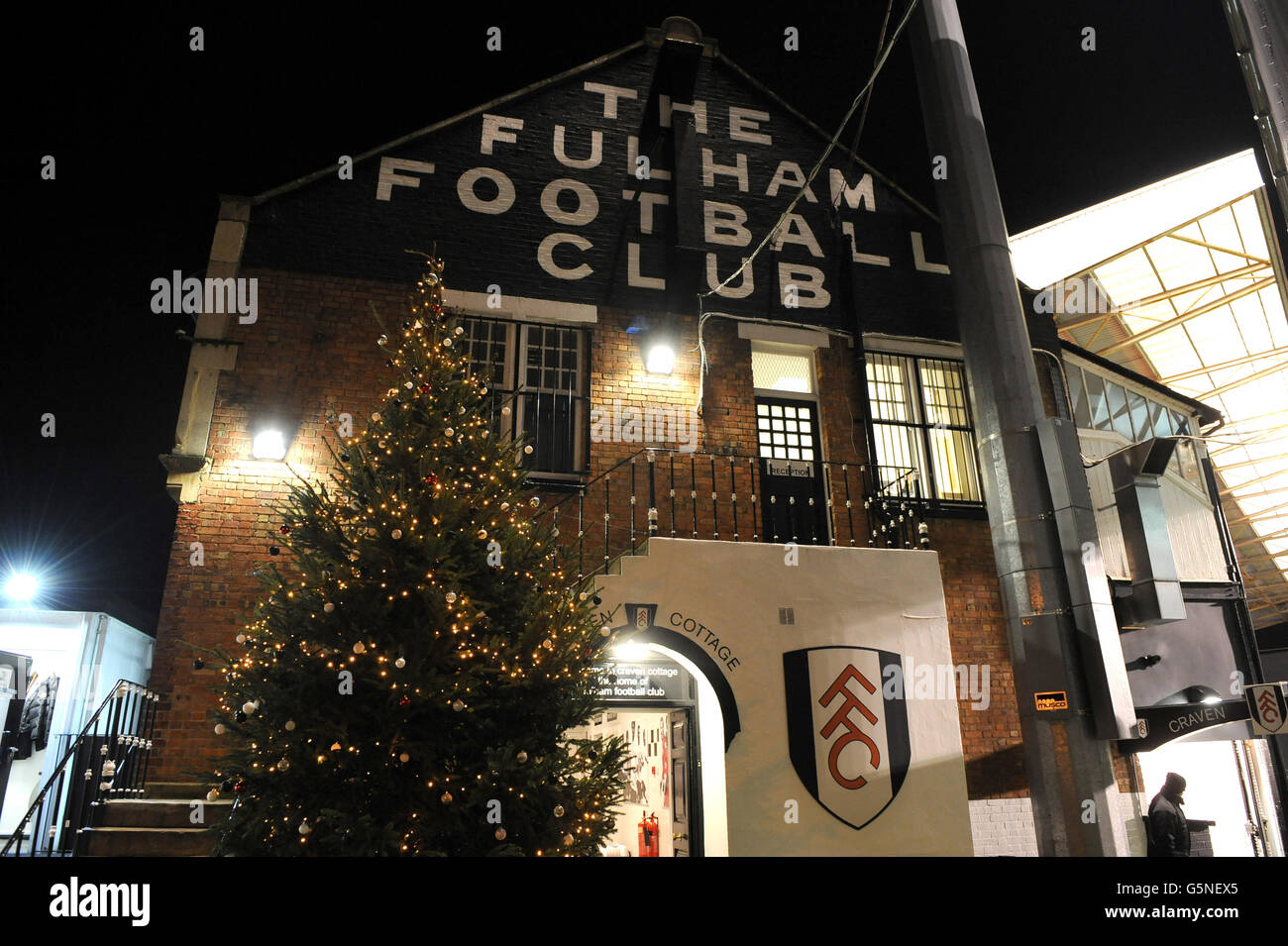 General view of the large Christmas Tree in front of Craven Cottage ...