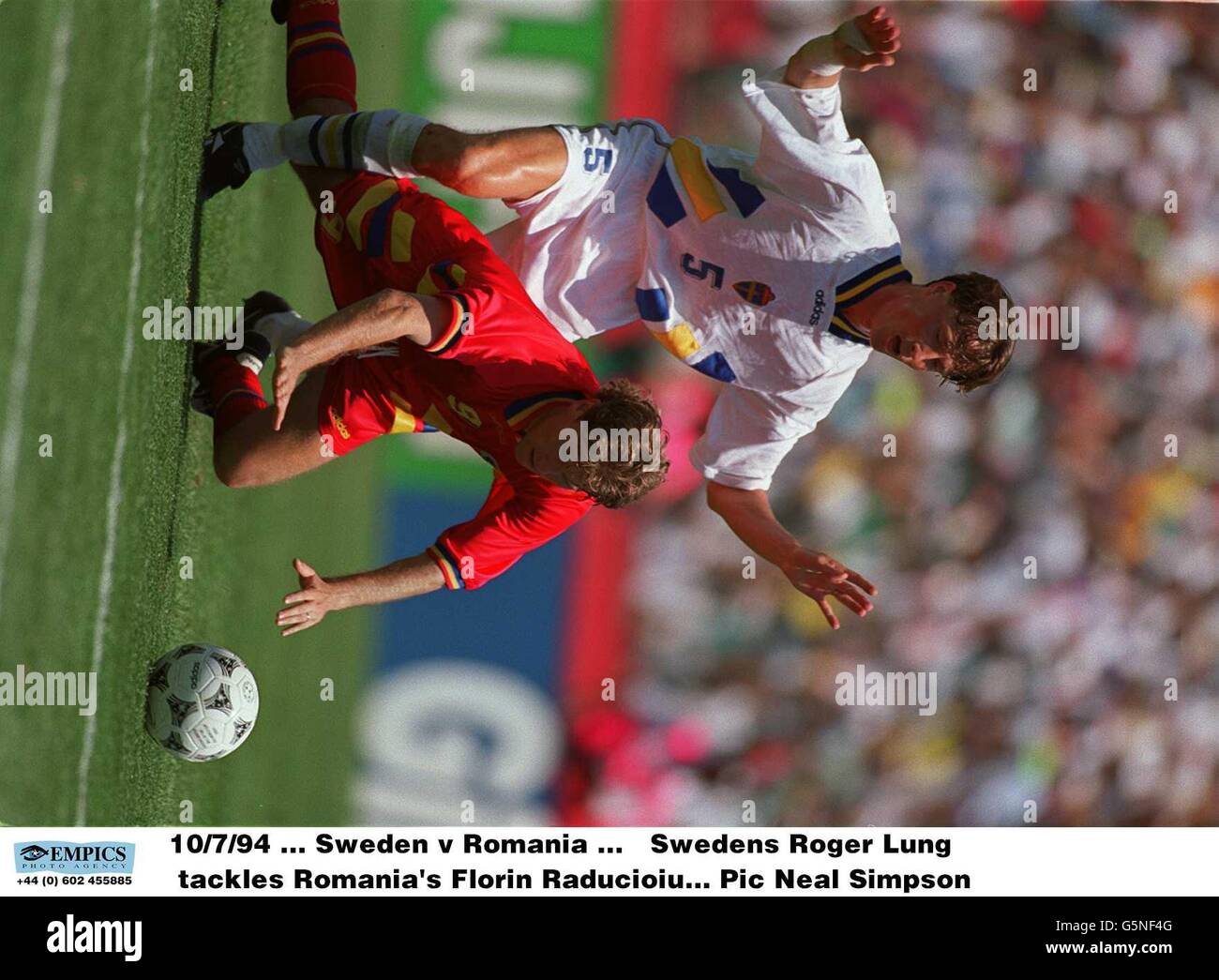 10 7 94 romania swedens lung tackles romanias florin raducioiu hi-res ...