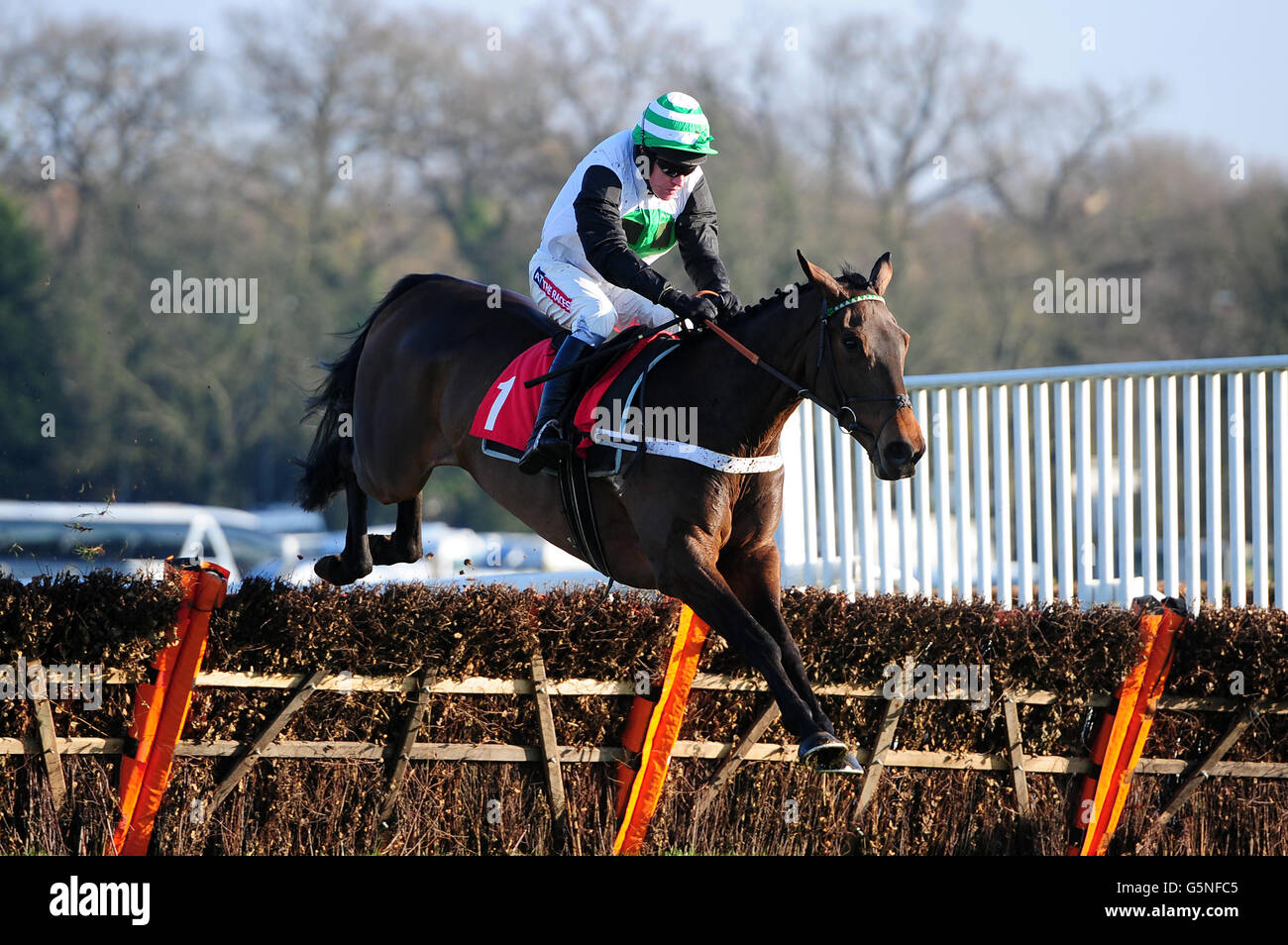 Golden Hoof ridden by jockey Barry Geraghty jumps the last on the way ...