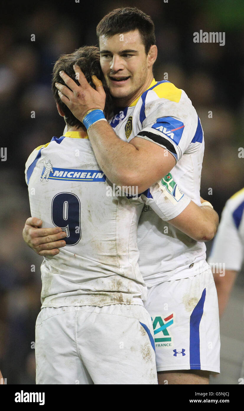 Clermont Auvergne's Loic Jacquet and Morgan Parra celebrate victory ...