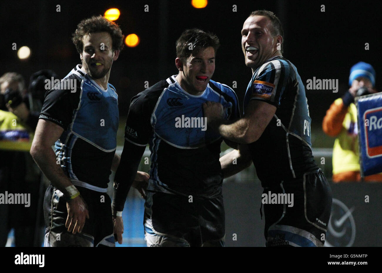 Glasgow's Ruaridh Jackson, DTH van der Merwe and James Eddie celebrate ...