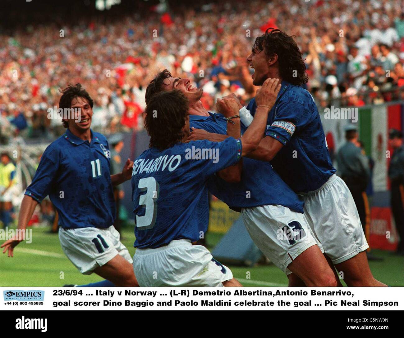 Goal scorer dino baggio and paolo maldini celebrate the goal hi-res ...