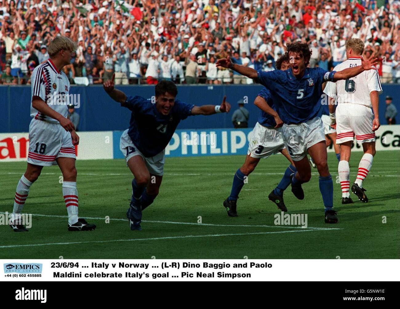 Dino baggio paolo maldini celebrate italys goal hi-res stock ...