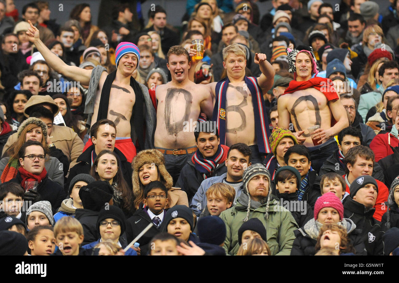 Shirtless spectators in the stands during the Oxford Cambridge Varsity ...