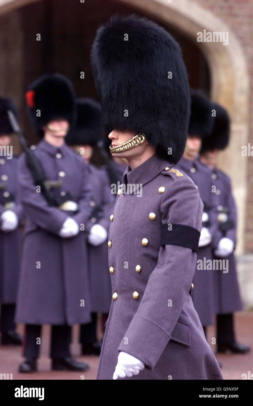 A Coldstream Guards officer wears a black arm band during a parade ...