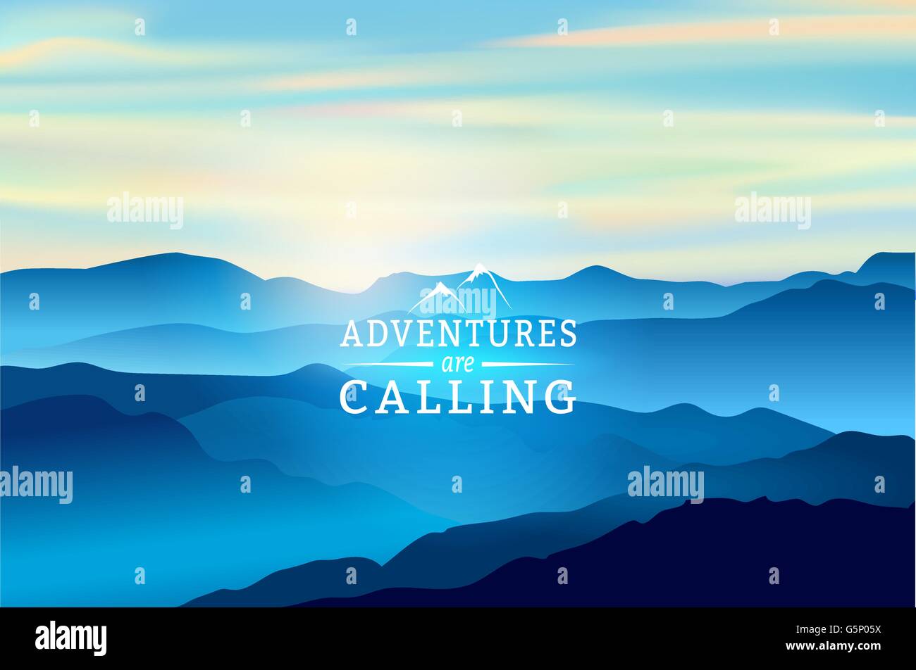 Blue Sunrise in the mountains - Vector Background. Sign Adventures are ...