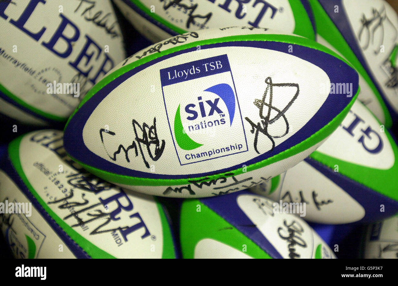 Signed rugby balls at the Lloyds TSB rugby club tour sports quiz at ...
