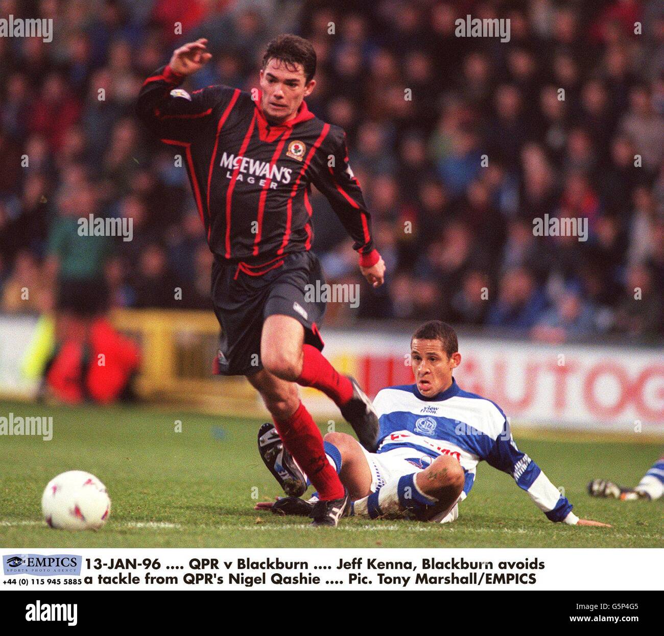 13-JAN-96. QPR v Blackburn. Jeff Kenna, Blackburn avoids a tackle from ...