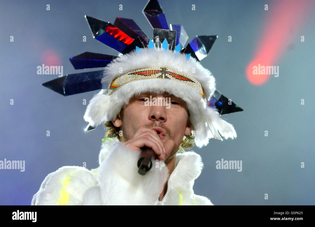 Jamiroquai frontman Jay Kay performing on stage at London's Wembley ...