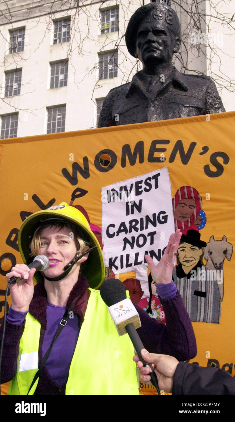A female anti-war protestor speaking outside the Ministry of Defence in ...
