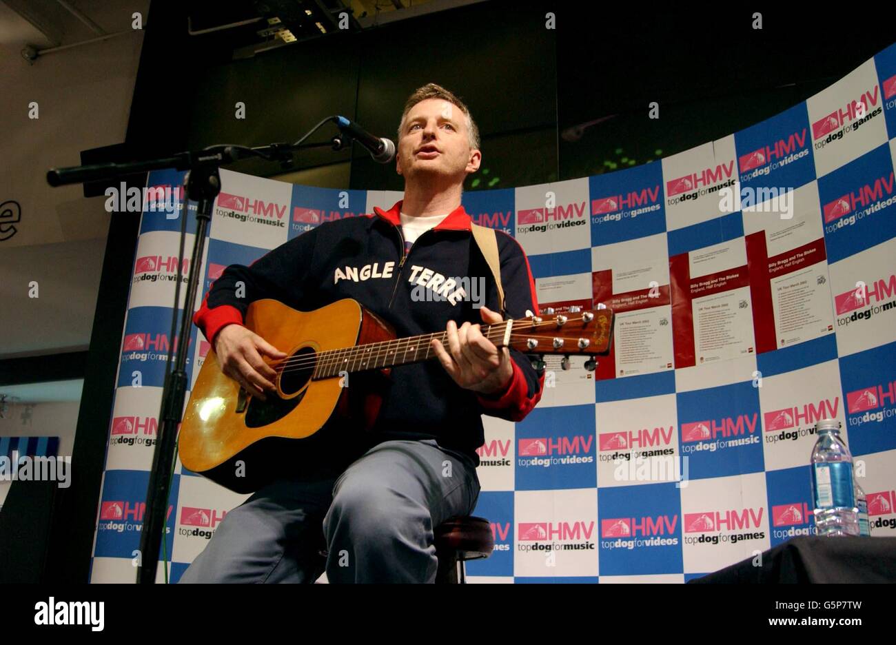 Singer Billy Bragg during a live performance at the HMV store London's ...