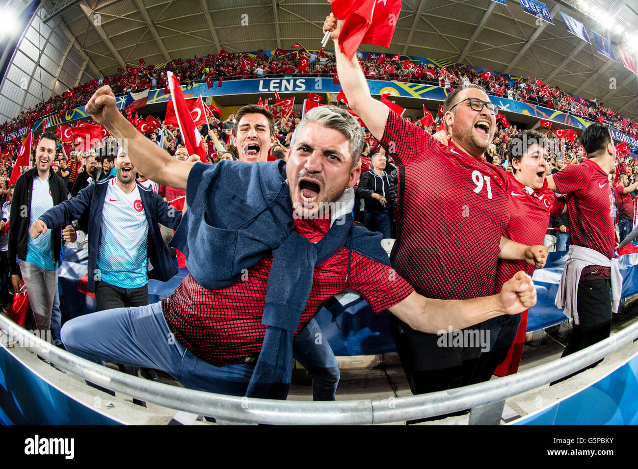 Lens, France. 21st June, 2016. Turkins fans celebrate after the Euro ...