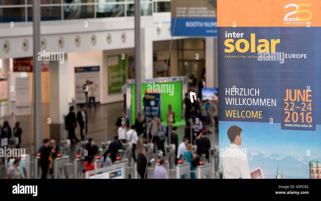 Munich, Germany. 22nd June, 2016. Posters hang at the Intersolar fair ...