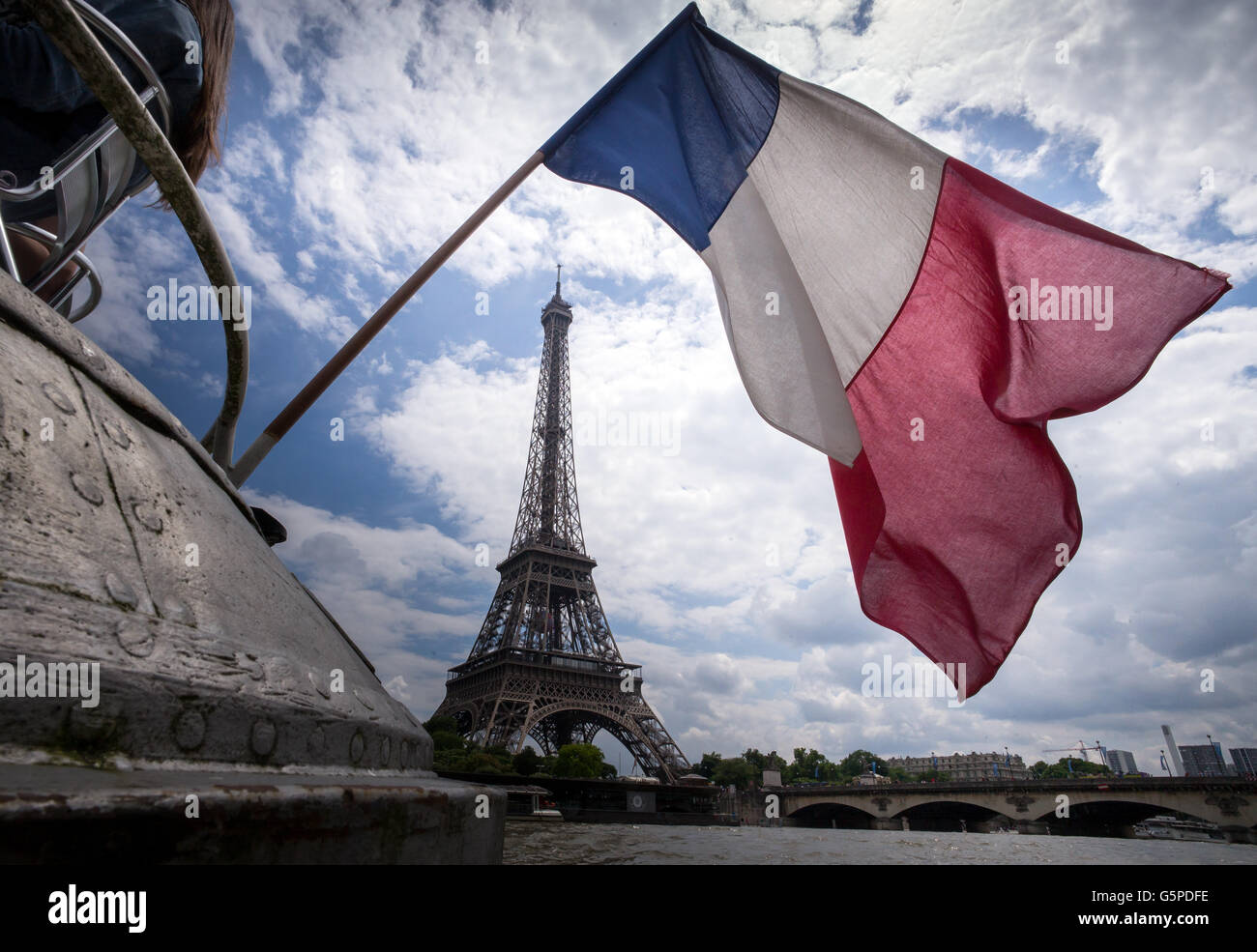 Paris, France. 19th May, 2016. The French flag waves on the rear of a ...