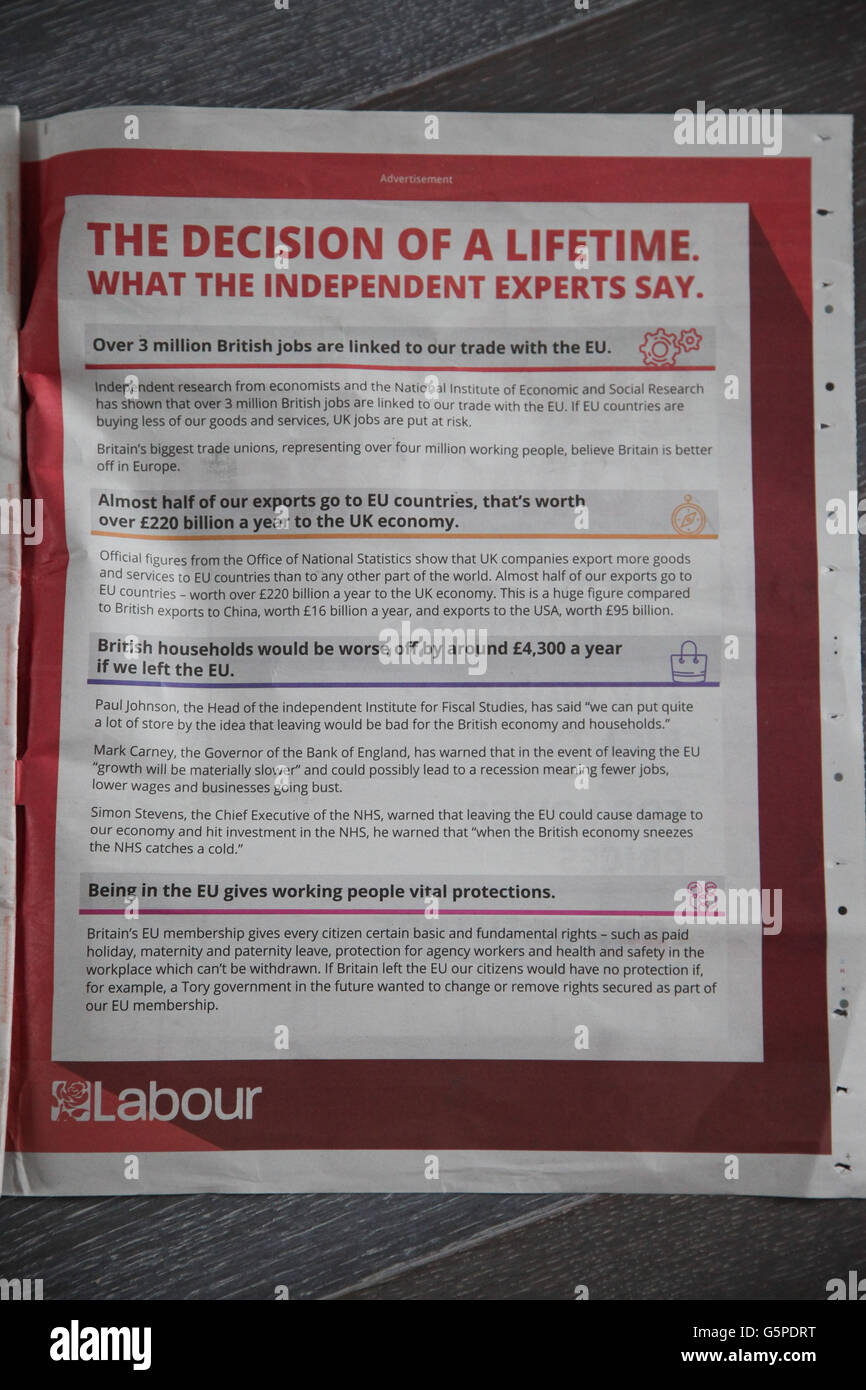 London UK 22 June 2016 - Labour's Vote Remain campaign takes out an ...