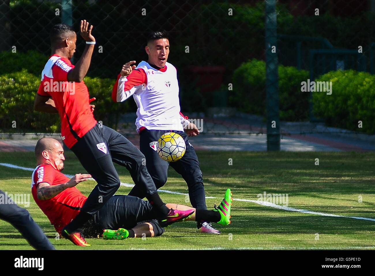 SAO PAULO, Brazil - 06/22/2016: TRAINING SPFC - Maicon, Thiago Mendes ...