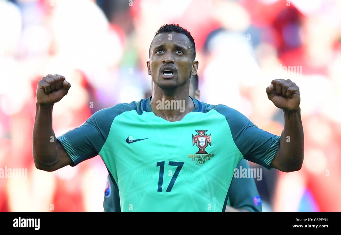 Lyon, France. 22nd June, 2016. Portugal's Nani celebrates after scoring ...