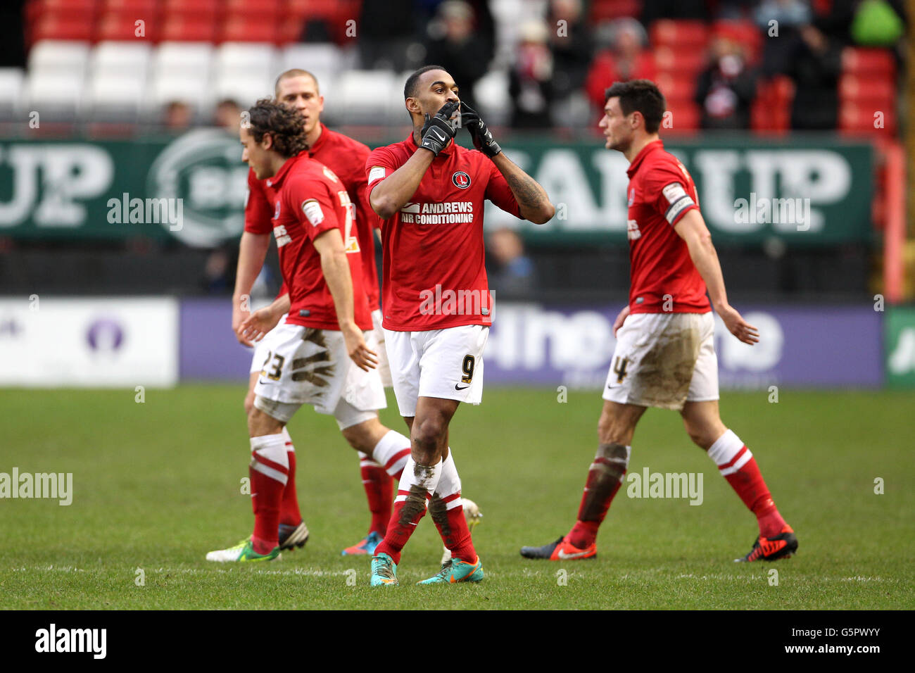 Charlton Athletic's Danny Haynes (centre) celebrates his goal with team ...