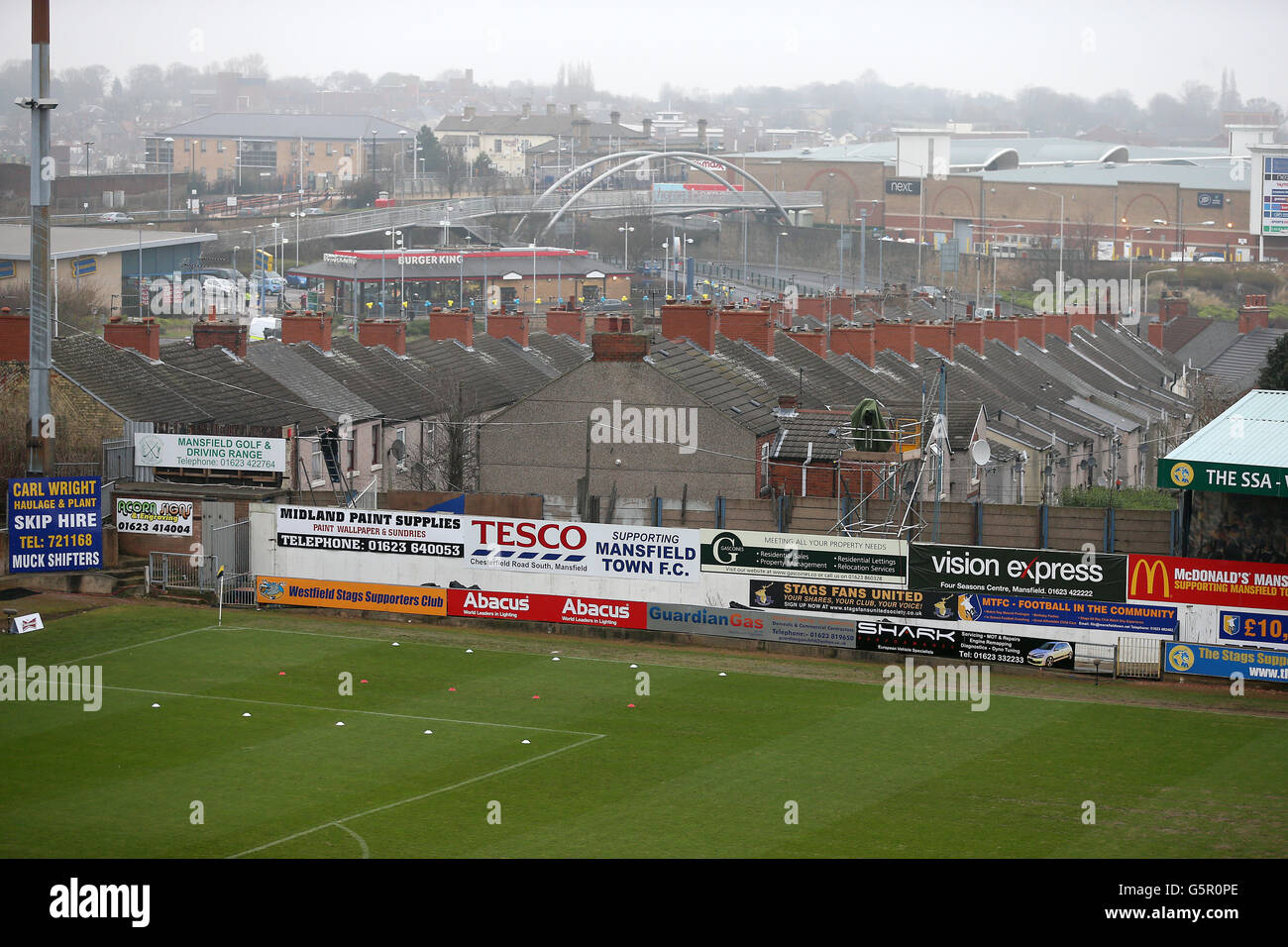 A general view of the One Call Stadium, home of Mansfield Town Stock ...