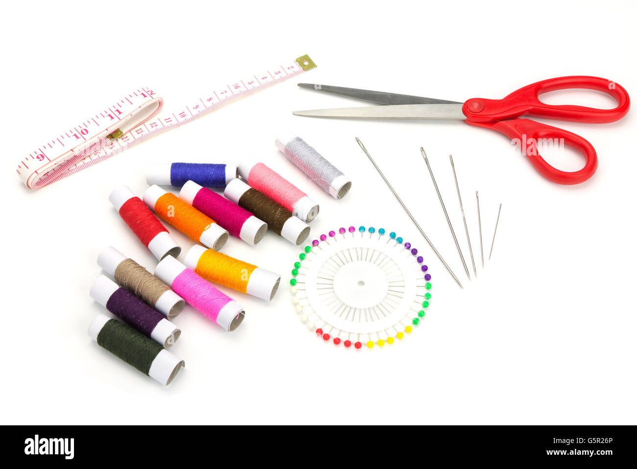 Set of needlework with scissors, needle, thread, measuring tape, pin ...