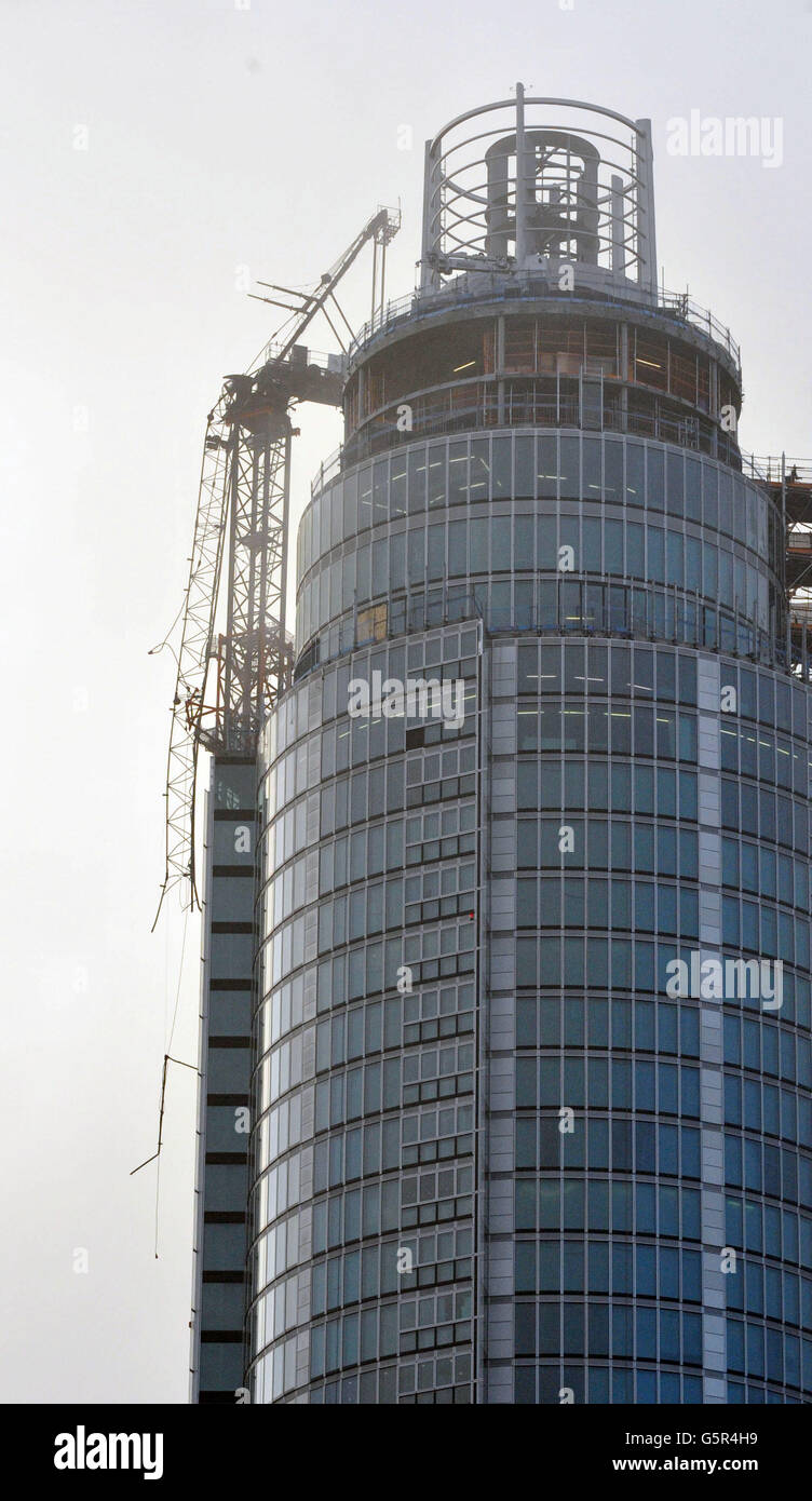A general view of the damaged crane on top of St Georges Tower close to ...