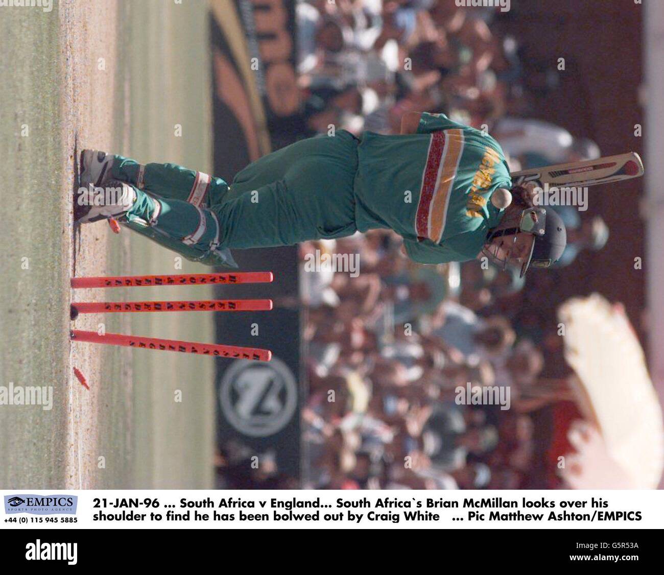 21-JAN-96. South Africa v England. South Africa`s Brian McMillan looks ...