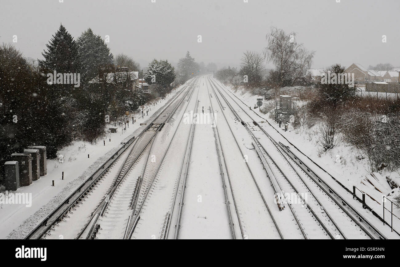 Snow lies on the rail tracks at Worting Junction in Basingstoke Stock ...
