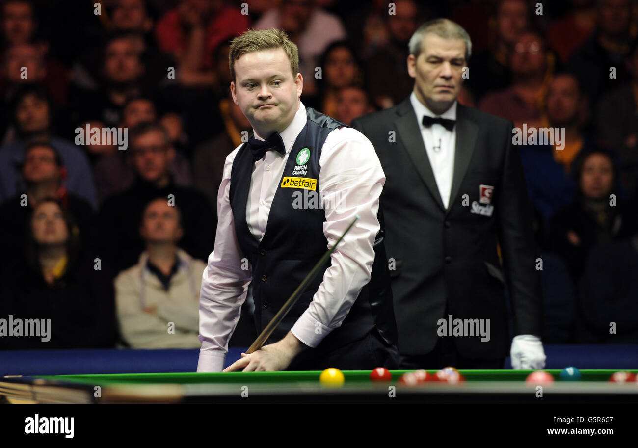 Shaun Murphy (left) reacts along with referee Jan Verhaas during his ...