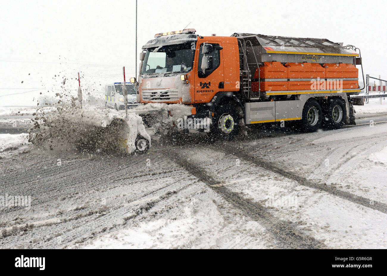 A snow ploughs tries to clear the A66 at Durham after it was closed as ...