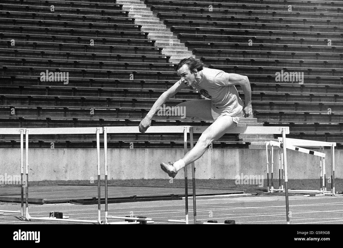 Pictured in flight is Alan Pascoe, 23, the Polytechnic Harriers hurdler ...
