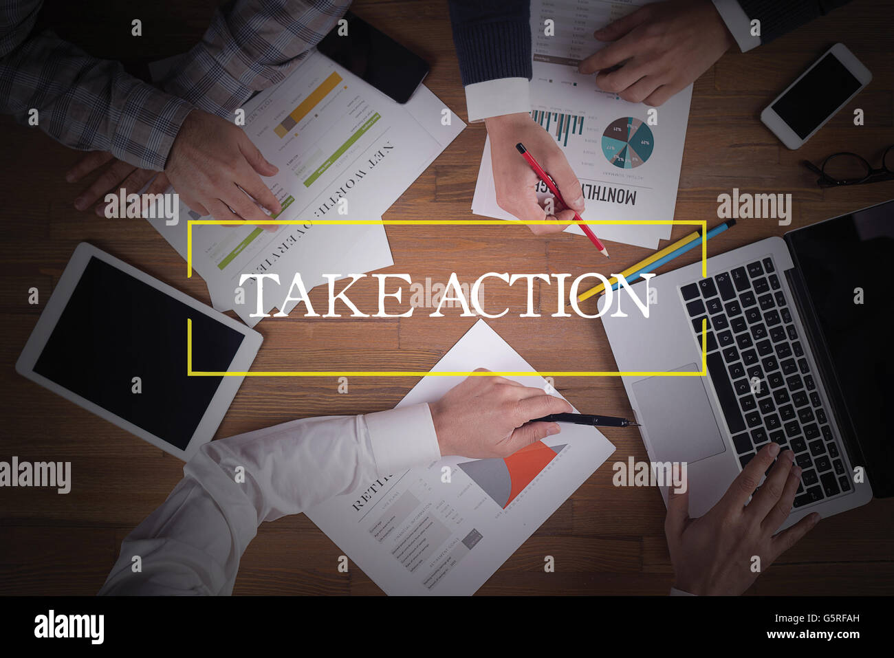 BUSINESS TEAM WORKING OFFICE Take Action TEAMWORK BRAINSTORMING CONCEPT ...