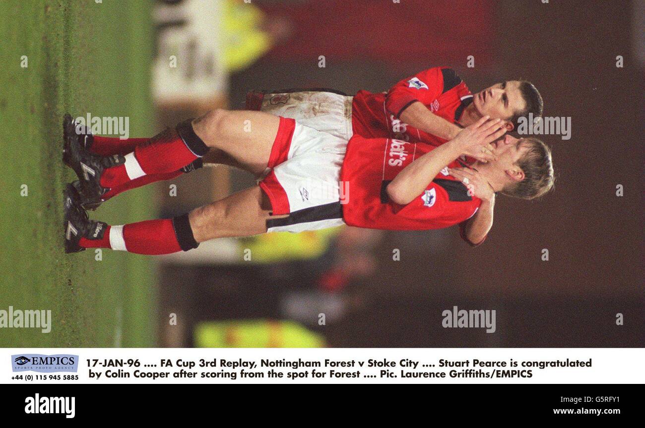 Stuart Pearce is congratulated by Colin Cooper after scoring from the ...