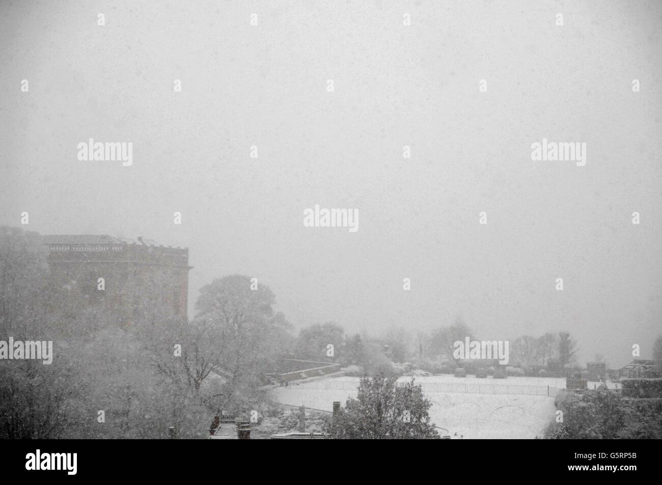 A general view as heavy snow falls over Nottingham Castle, as the first ...