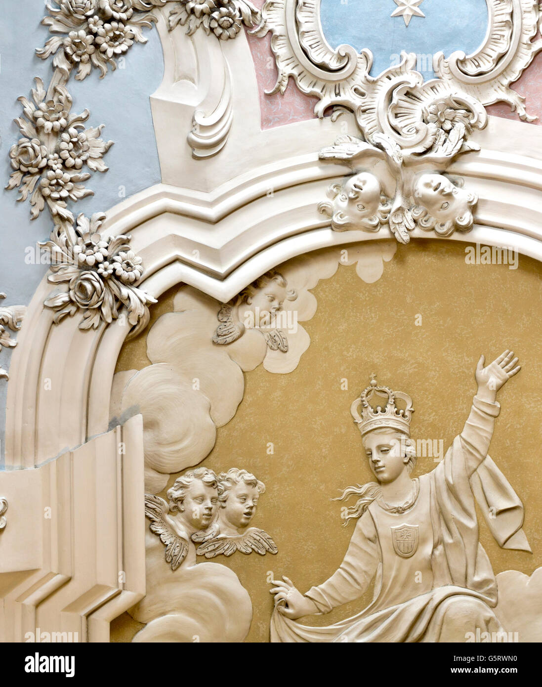 Detail of the magnificent rococo stucco covering the ceiling of the ...