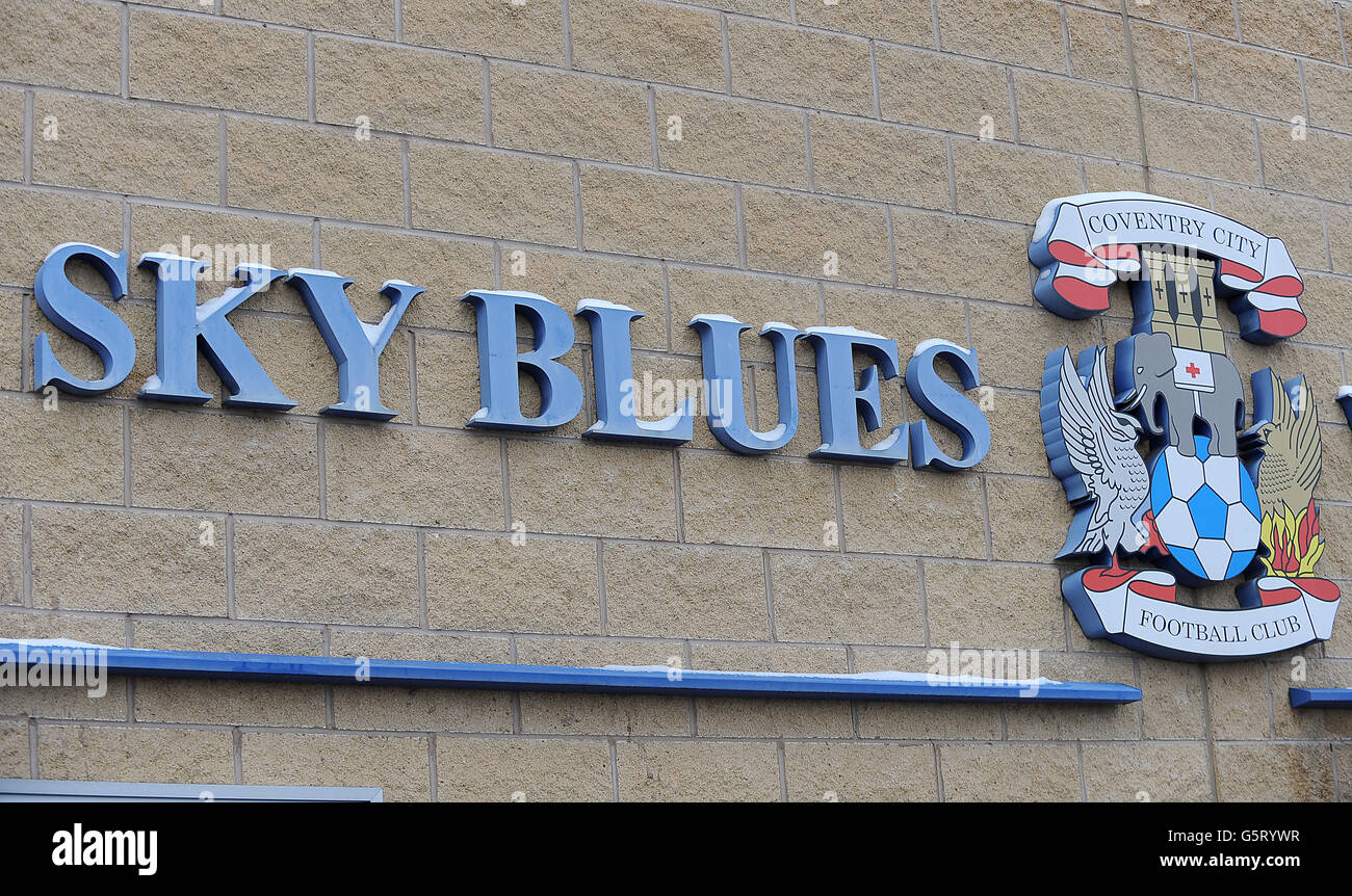 General view of 'Sky Blues' signage and the Coventry City crest Stock ...