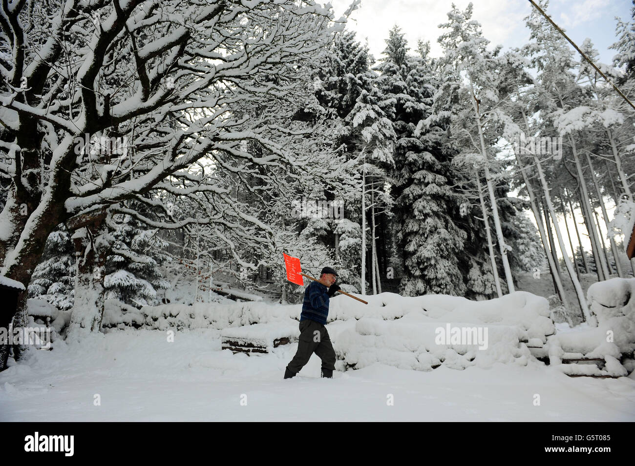 Don Clegg, 80, in his garden in Kielder, Northumberland as the winter ...