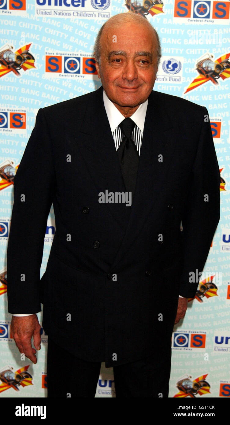 Mohammed Al Fayed arriving for the charity premeiere of the stage ...