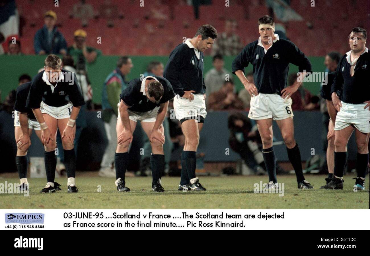 The Scotland team are dejected as France score in the final minute ...