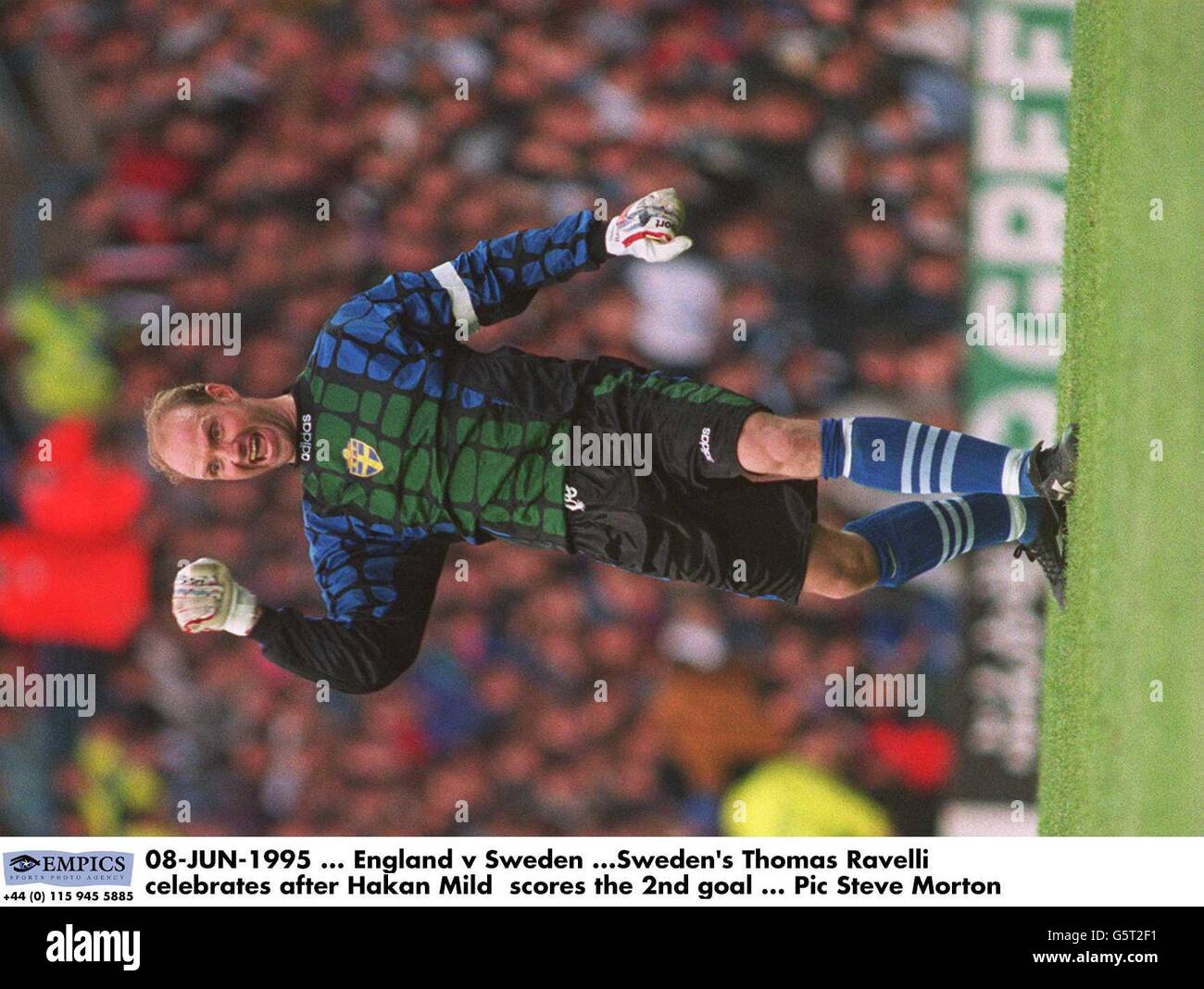 08-JUN-1995, England v Sweden, Sweden's Thomas Ravelli celebrates after ...